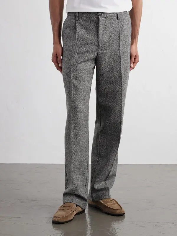 Portuguese Flannel Straight-leg Pleated Wool Herringbone Trousers