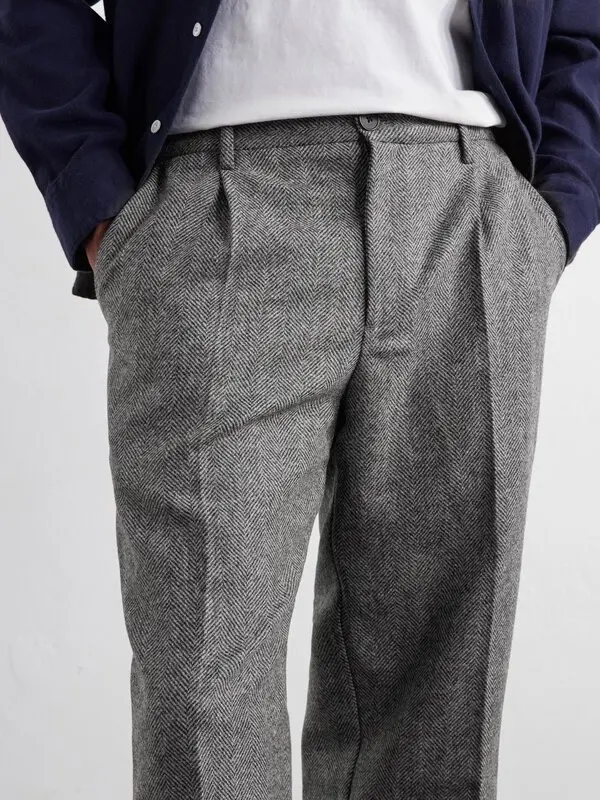 Portuguese Flannel Straight-leg Pleated Wool Herringbone Trousers