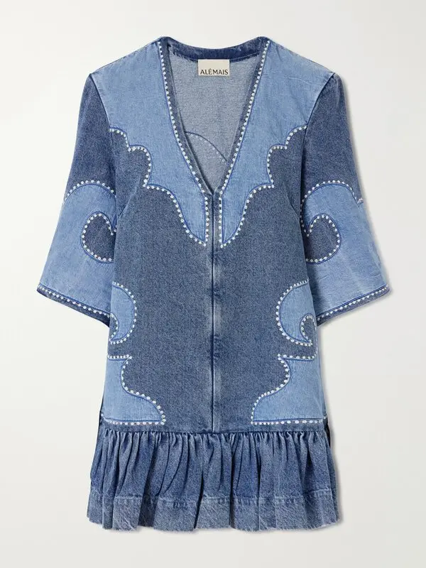ALEMAIS Jesse Ruffled Embroidered Denim Mini Dress - Blue