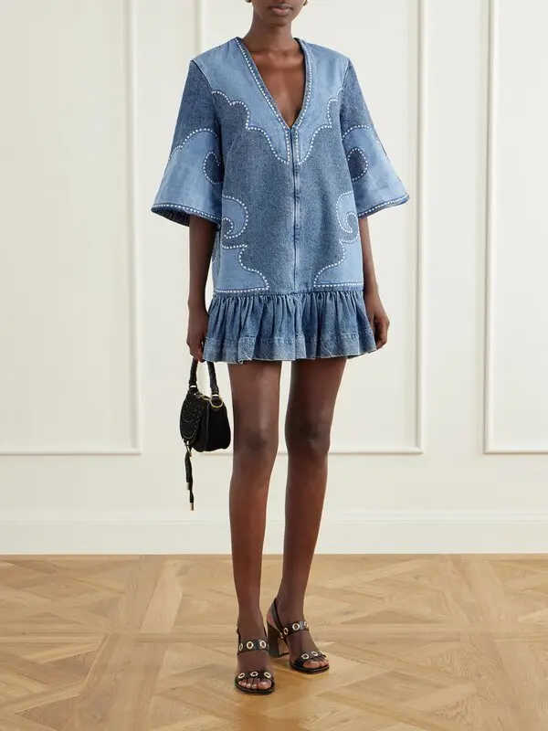 ALEMAIS Jesse Ruffled Embroidered Denim Mini Dress