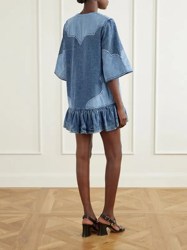ALEMAIS Jesse Ruffled Embroidered Denim Mini Dress