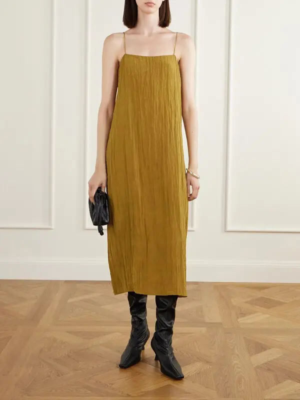 Tibi Crinkled Satin Midi Dress - Yellow