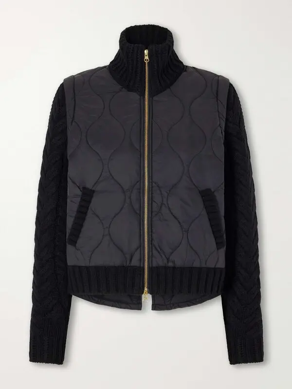 Veronica Beard Patra Padded Cable-knit Wool-blend And Quilted Shell Jacket