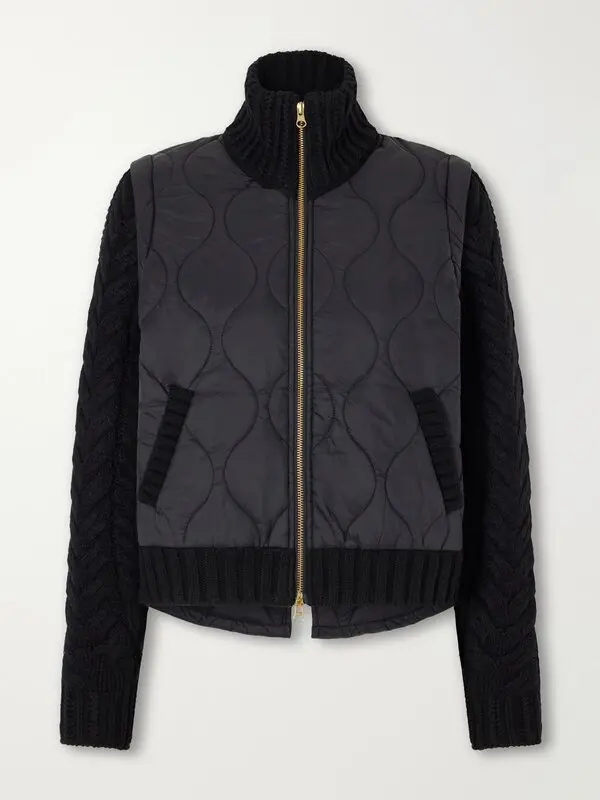 Veronica Beard Patra Padded Cable-knit Wool-blend And Quilted Shell Jacket - Black