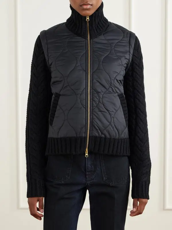 Veronica Beard Patra Padded Cable-knit Wool-blend And Quilted Shell Jacket - Black
