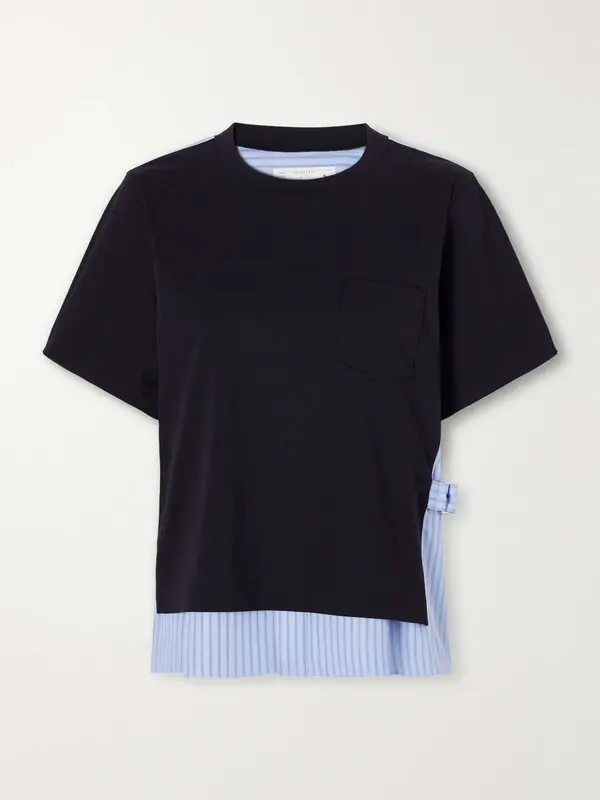 Sacai Striped Poplin-trimmed Cotton-jersey T-shirt - Blue
