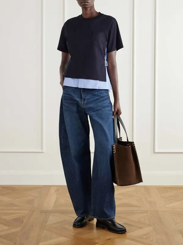 Sacai Striped Poplin-trimmed Cotton-jersey T-shirt