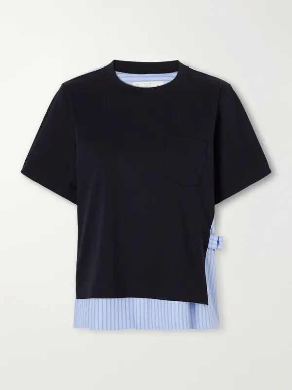 Sacai Striped Poplin-trimmed Cotton-jersey T-shirt - Blue