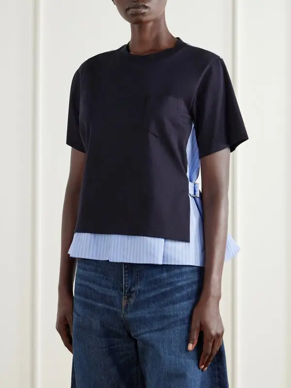 Sacai Striped Poplin-trimmed Cotton-jersey T-shirt - Blue