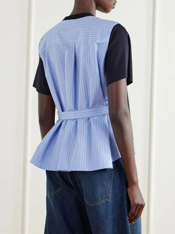 Sacai Striped Poplin-trimmed Cotton-jersey T-shirt - Blue