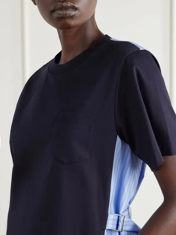 Sacai Striped Poplin-trimmed Cotton-jersey T-shirt - Blue