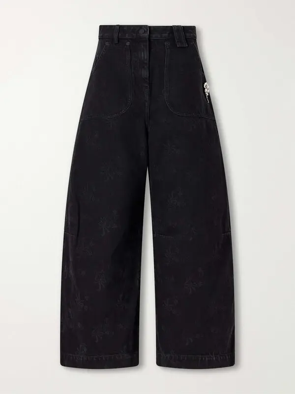 Simone Rocha Embellished Floral-print Mid-rise Wide-leg Jeans