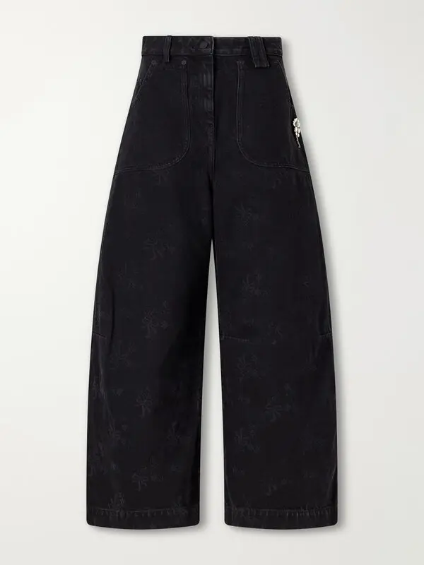 Simone Rocha Embellished Floral-print Mid-rise Wide-leg Jeans