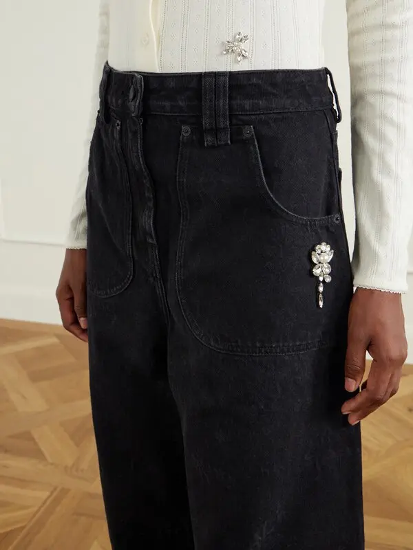 Simone Rocha Embellished Floral-print Mid-rise Wide-leg Jeans