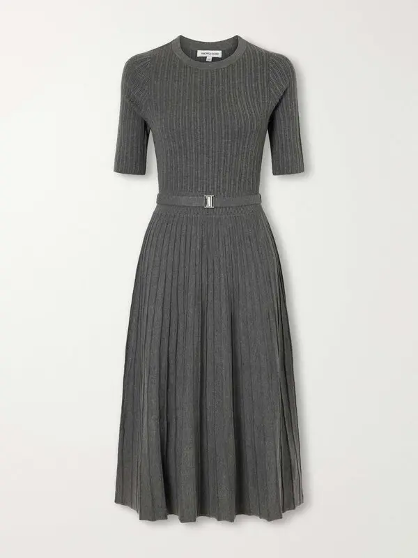 Veronica Beard Elthea Belted Pleated Ribbed-knit Midi Dress - Gray
