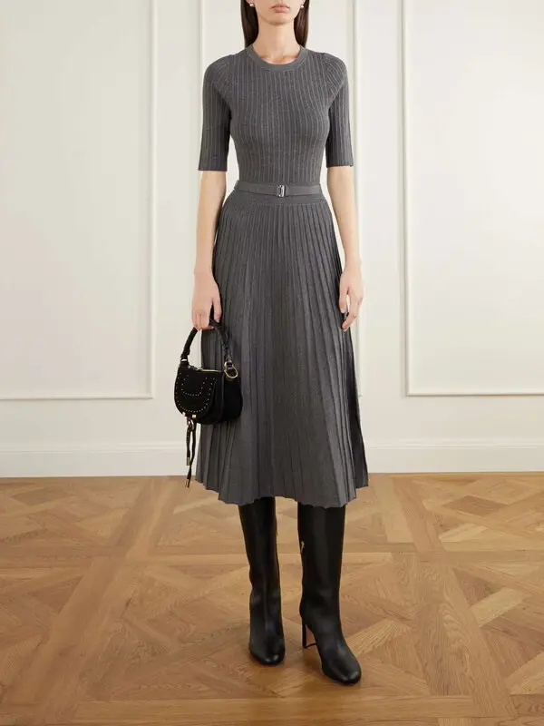 Veronica Beard Elthea Belted Pleated Ribbed-knit Midi Dress
