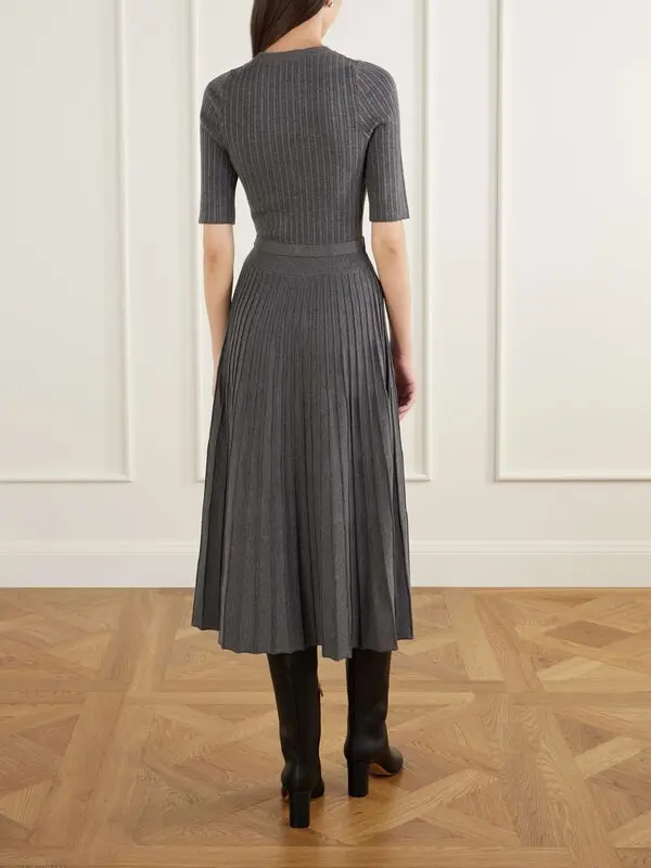 Veronica Beard Elthea Belted Pleated Ribbed-knit Midi Dress