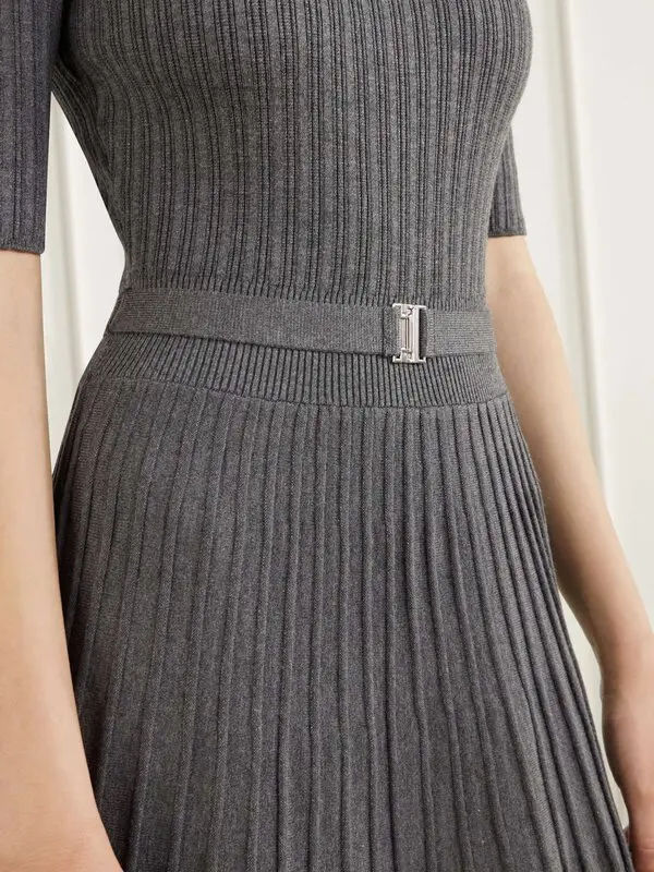 Veronica Beard Elthea Belted Pleated Ribbed-knit Midi Dress