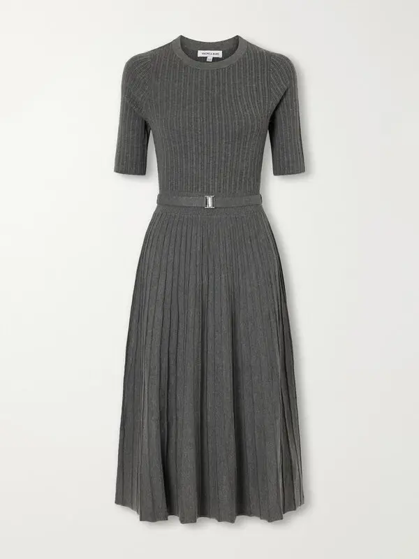 Veronica Beard Elthea Belted Pleated Ribbed-knit Midi Dress - Gray