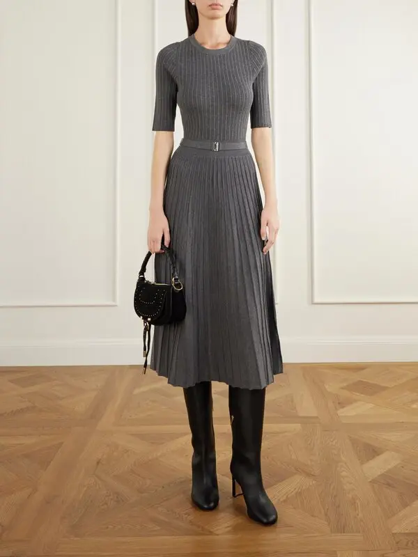 Veronica Beard Elthea Belted Pleated Ribbed-knit Midi Dress - Gray