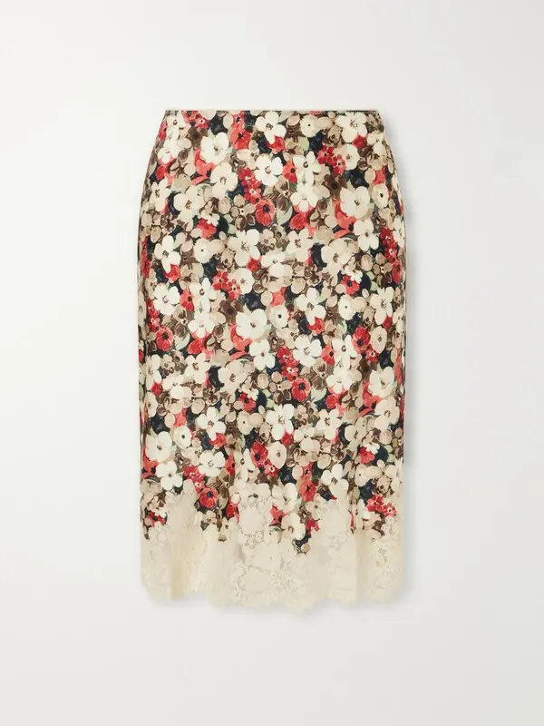DÔEN Elowette Floral-print Lace-trimmed Silk-satin Midi Skirt - Multi