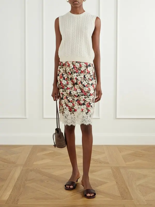 DÔEN Elowette Floral-print Lace-trimmed Silk-satin Midi Skirt - Multi