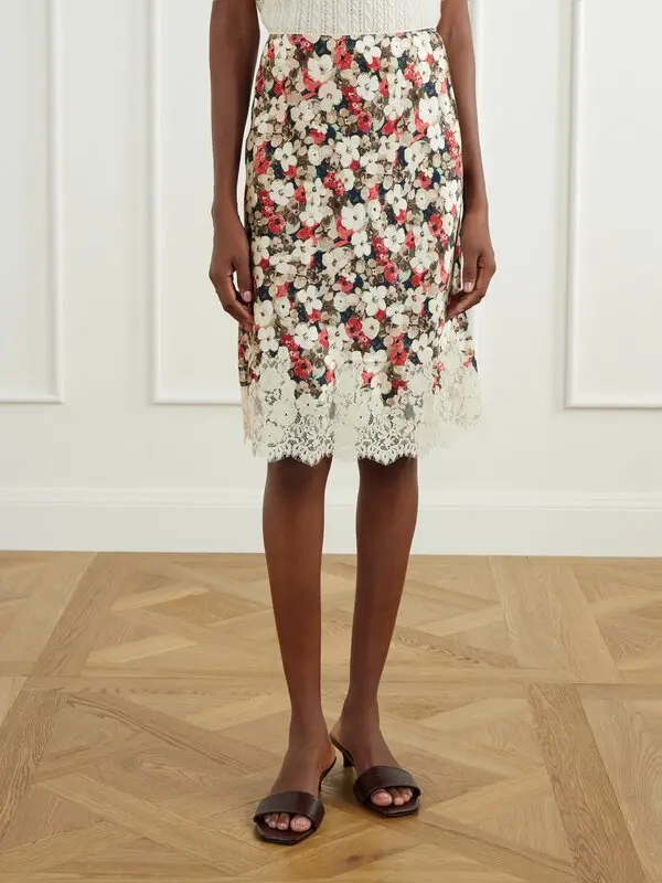 DÔEN Elowette Floral-print Lace-trimmed Silk-satin Midi Skirt - Multi