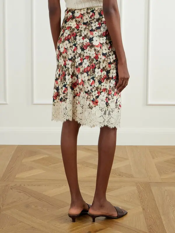 DÔEN Elowette Floral-print Lace-trimmed Silk-satin Midi Skirt - Multi