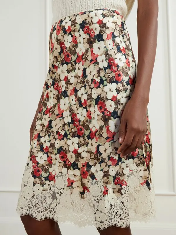 DÔEN Elowette Floral-print Lace-trimmed Silk-satin Midi Skirt - Multi