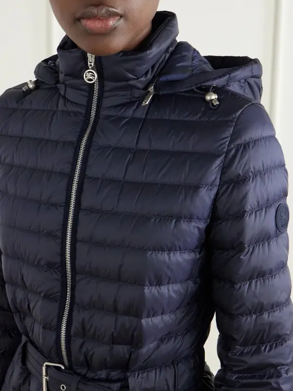 Burberry Hooded Belted Quilted Shell Coat - Blue