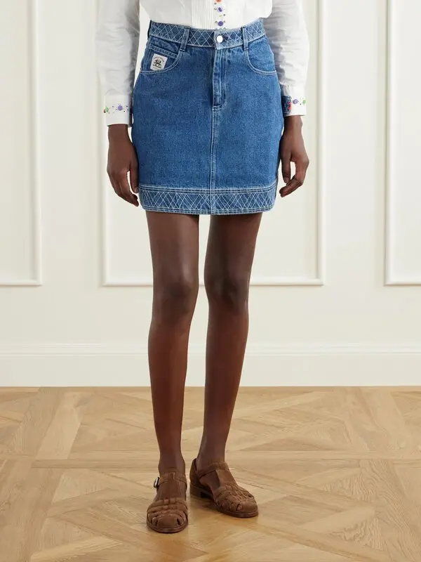 BODE Embroidered Cotton Mini Skirt - Blue