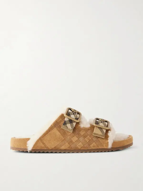 Burberry Shearling-trimmed Suede Sandals - Brown