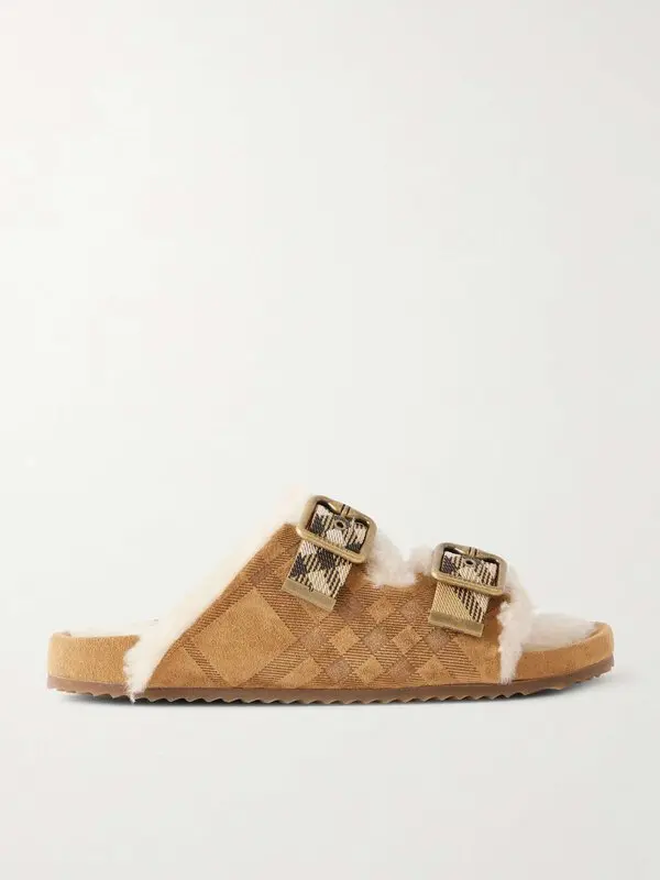 Burberry Shearling-trimmed Suede Sandals - Tan
