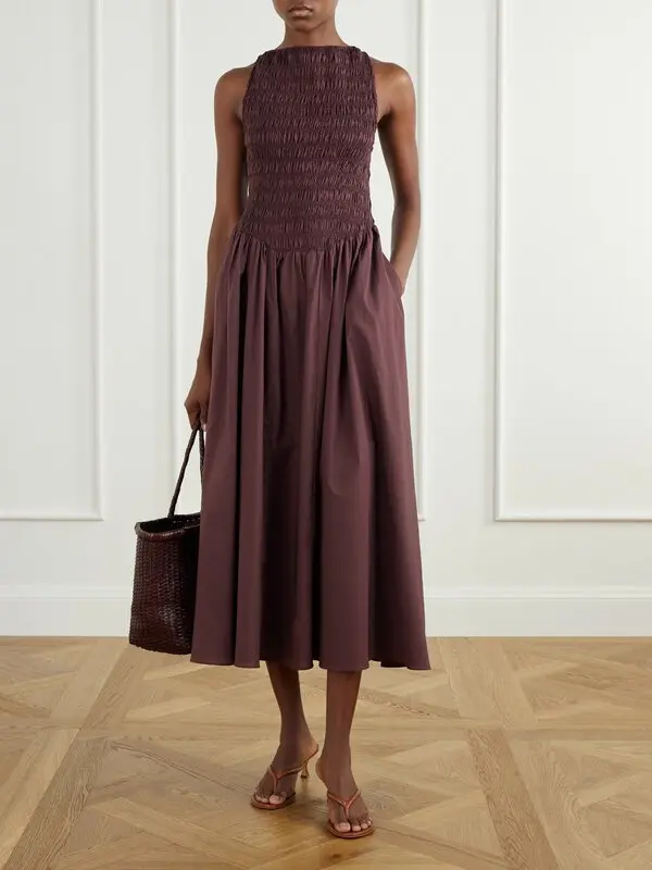 Faithfull The Brand Lucia Shirred Gathered Cotton-poplin Midi Dress - Brown