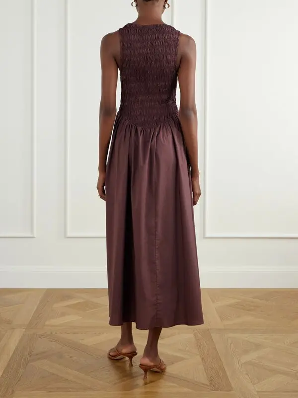Faithfull The Brand Lucia Shirred Gathered Cotton-poplin Midi Dress - Brown
