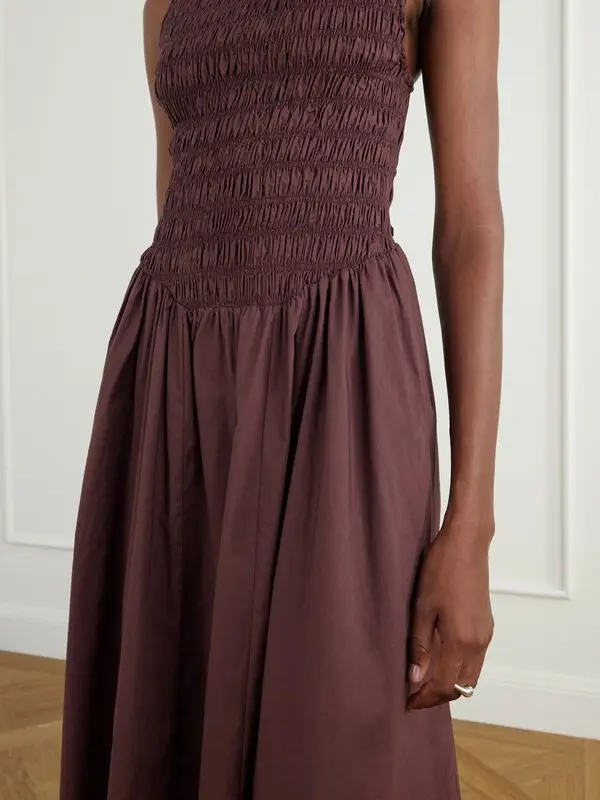 Faithfull The Brand Lucia Shirred Gathered Cotton-poplin Midi Dress - Brown