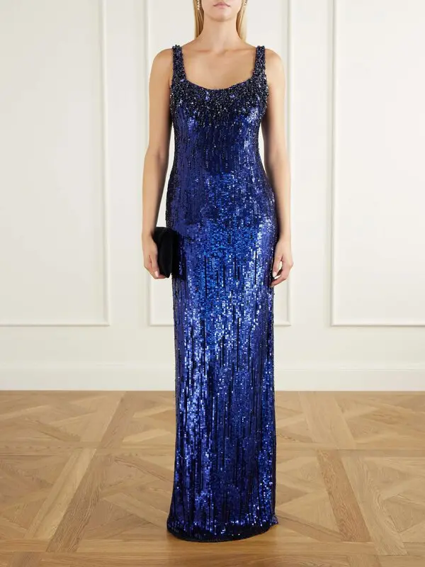 Jenny Packham Rosalie Crystal-embellished Sequined Tulle Gown - Navy