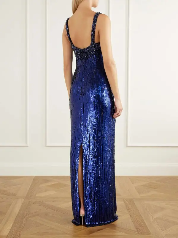 Jenny Packham Rosalie Crystal-embellished Sequined Tulle Gown - Navy