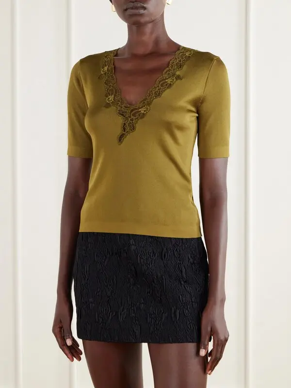 Balmain Lace-trimmed Knitted T-shirt - Green