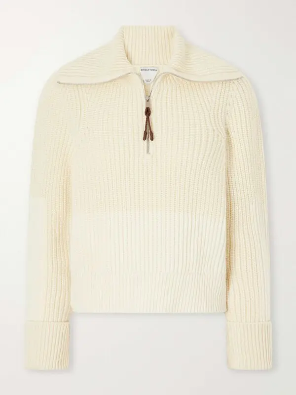 Bottega Veneta Leather-trimmed Ribbed Wool Turtleneck Sweatshirt - Neutral