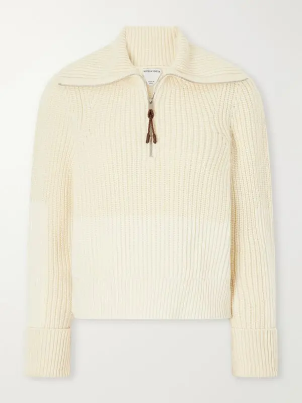 Bottega Veneta Leather-trimmed Ribbed Wool Turtleneck Sweatshirt - Neutrals