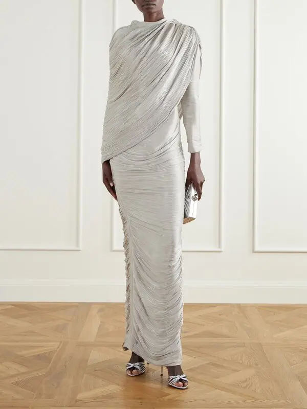 MARMAR HALIM Cape-effect Plissé Crepe De Chine Gown
