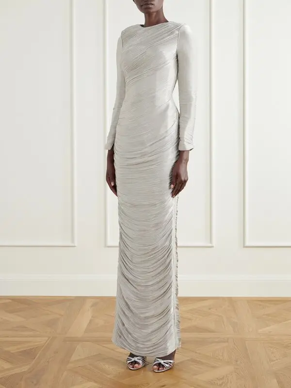 MARMAR HALIM Cape-effect Plissé Crepe De Chine Gown