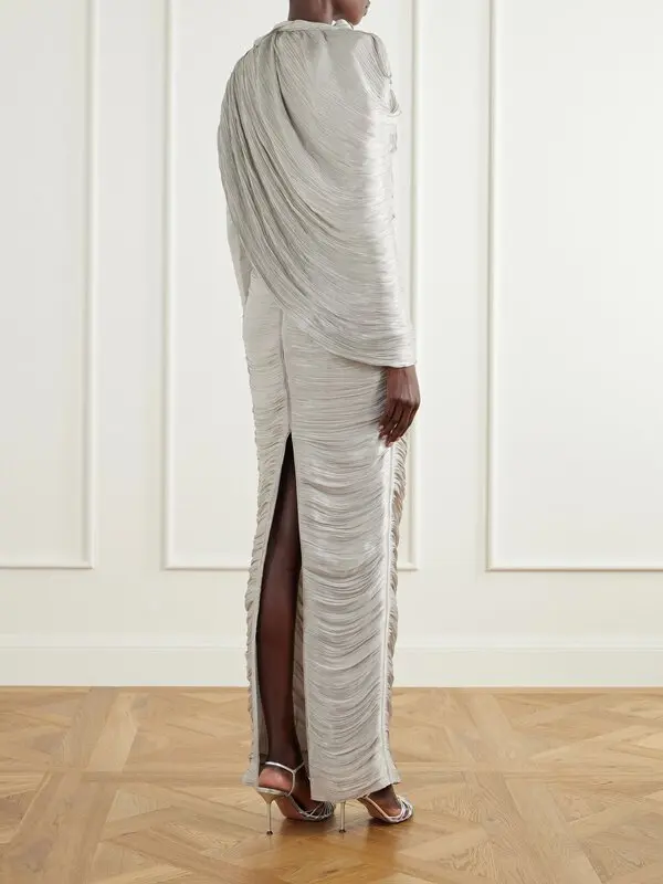 MARMAR HALIM Cape-effect Plissé Crepe De Chine Gown