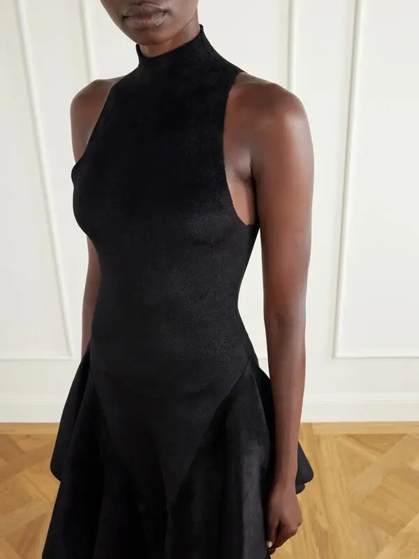 Alaïa Asymmetric Ruffled Velvet Turtleneck Midi Dress - Black