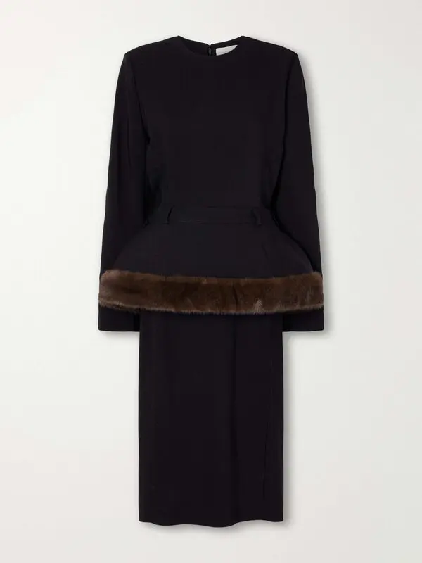 Stella McCartney Plush-trimmed Belted Crepe Midi Dress - Black