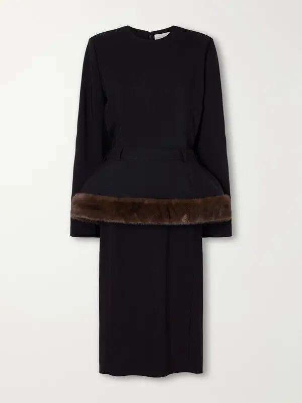 Stella McCartney Plush-trimmed Belted Crepe Midi Dress - Black