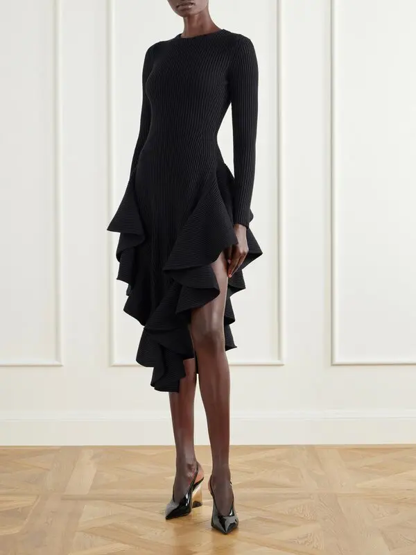 Alaïa Ruffled Ribbed Wool-blend Midi Dress