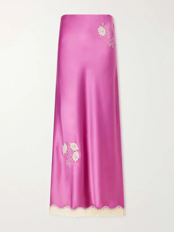 Anna Sui Lace-trimmed Embroidered Satin Midi Skirt - Violet