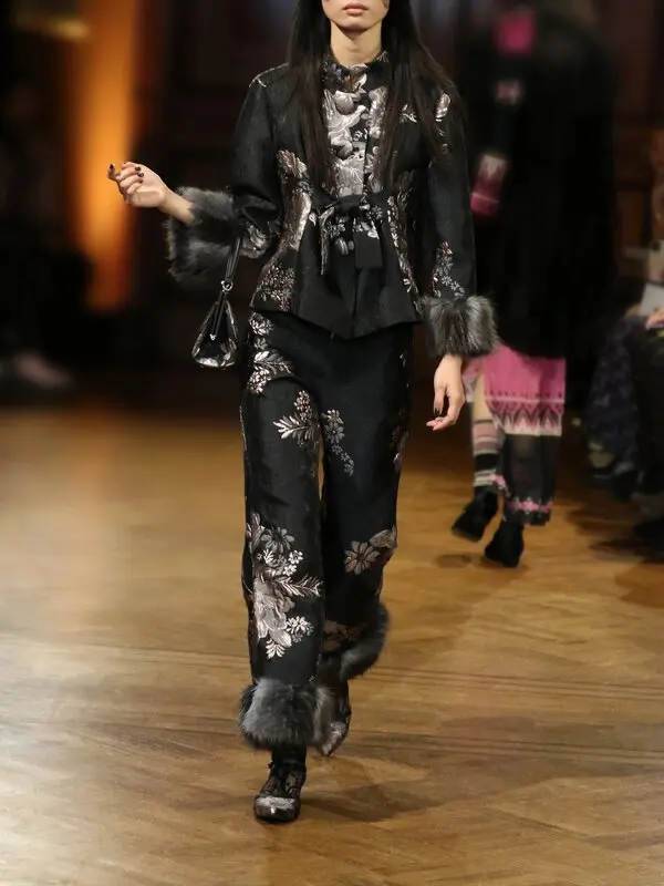 Anna Sui Plush-trimmed Arcadia Brocade Flared Pants